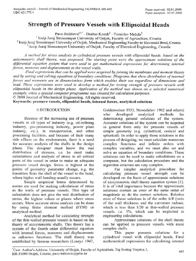 Strength of Pressure Vessels With Ellipsoidal Heads | PDF | Stress ...