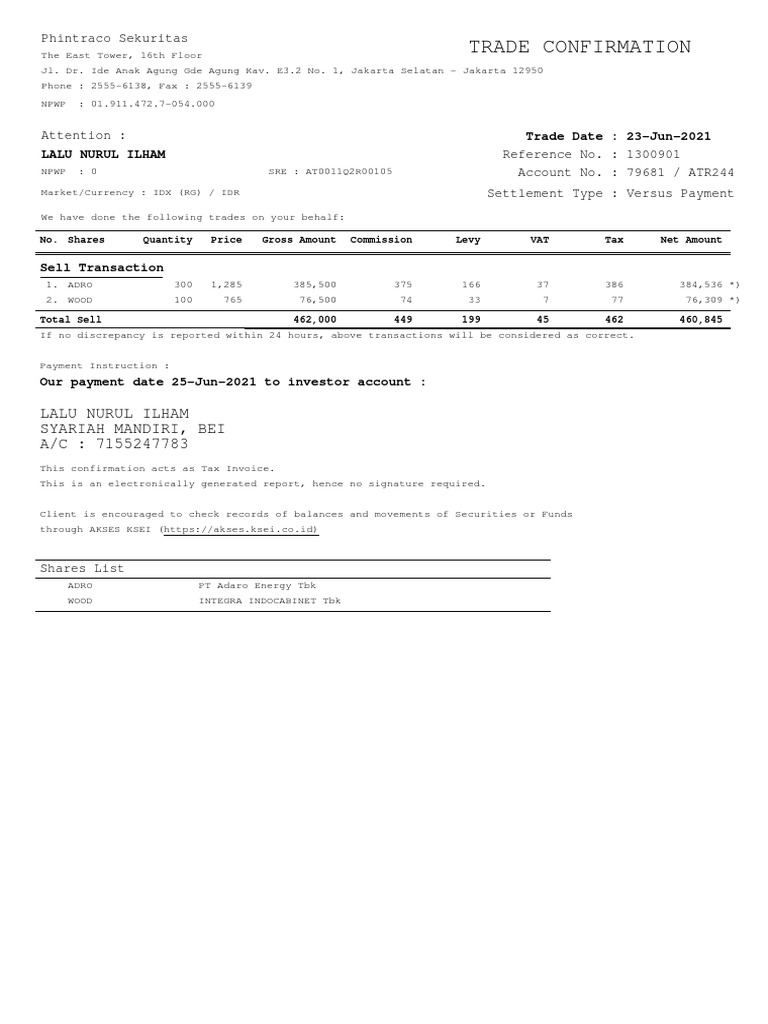 Trade Confirmation: Lalu Nurul Ilham Syariah Mandiri, Bei A/C ...