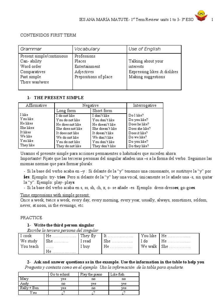 1ST TERM - Units 1-3 - 3 ESO | PDF | Linguistics | Rules