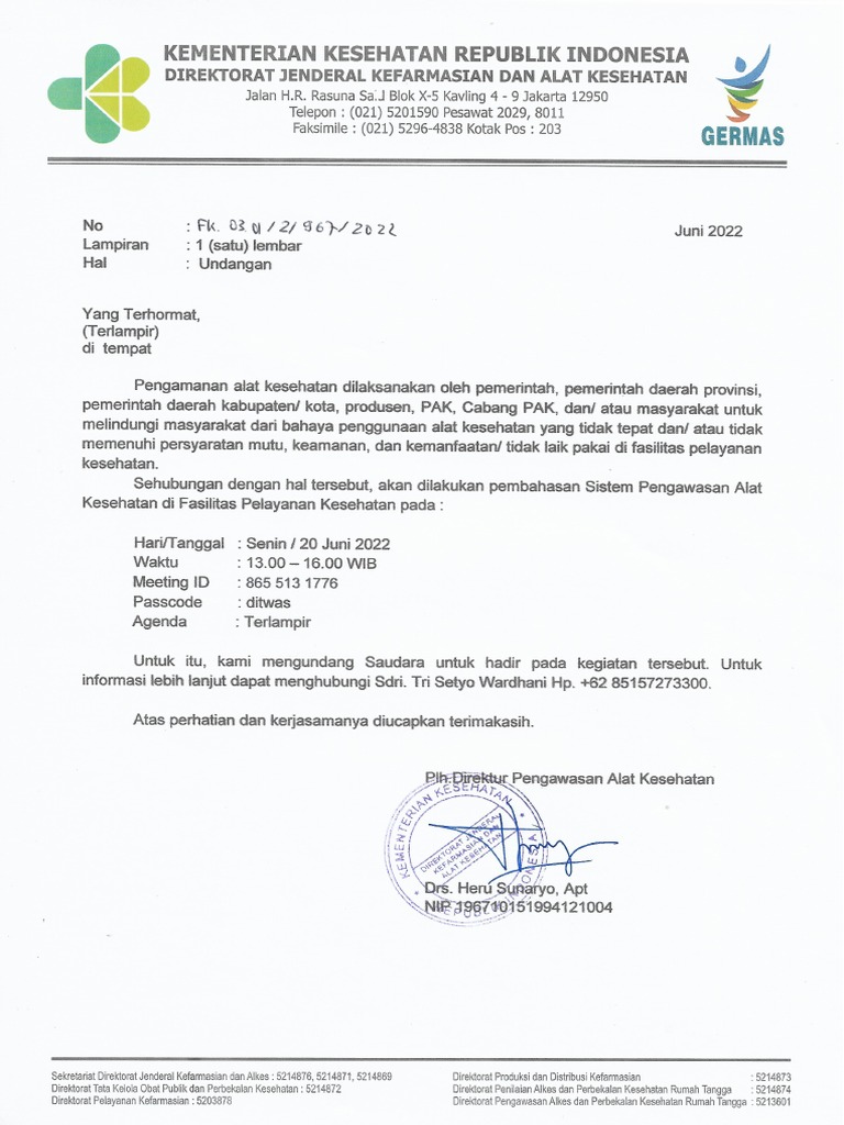 Undangan Peserta Pembahasan Sistem Pengawasan Alkes Di Fasyankes 20062022 | PDF