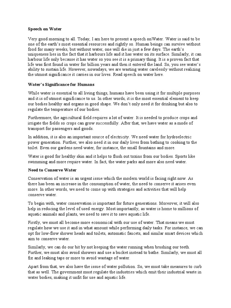 Speech On Water | PDF | Water | Water Conservation