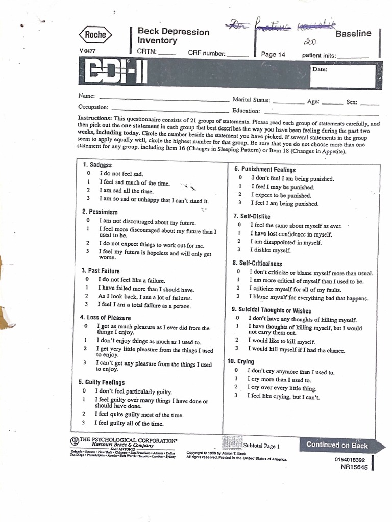 Beck's Depression Inventory Questionnaire | PDF