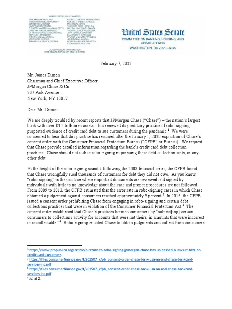 United State Senate Banking Committee Letter To James Dimon CEO JP ...