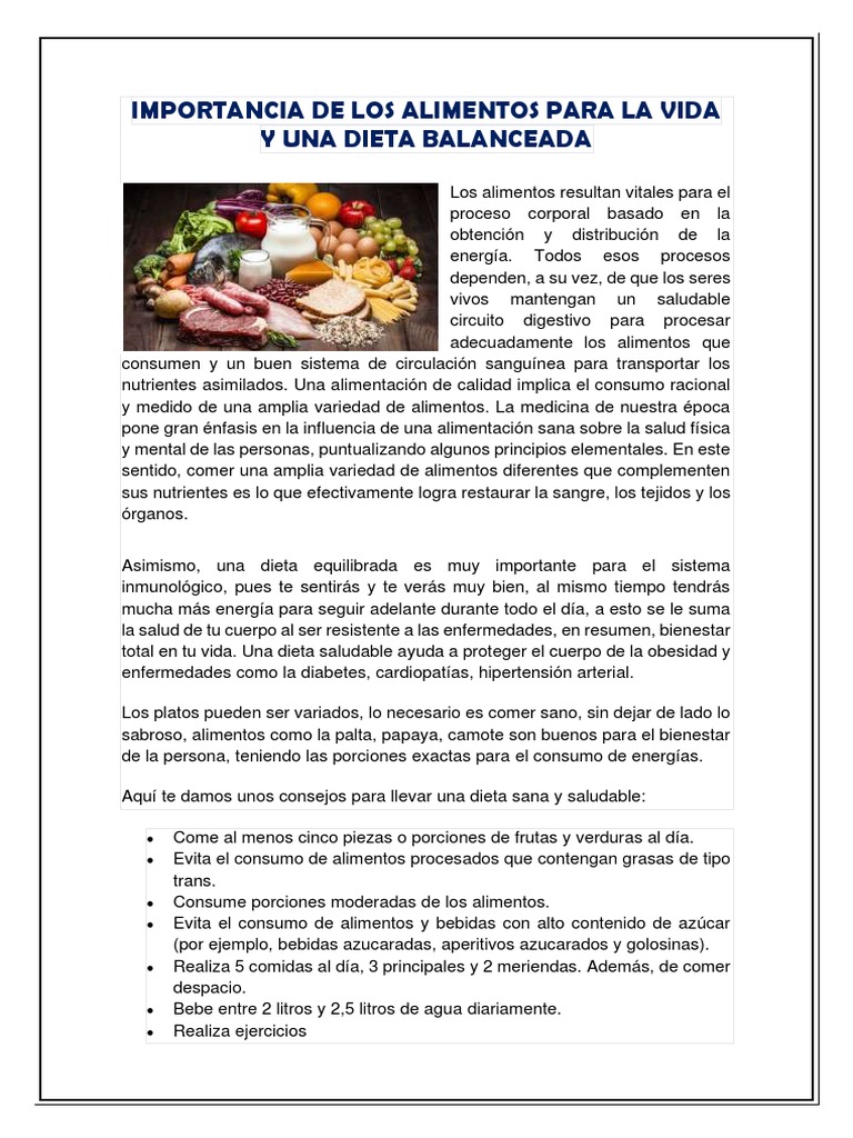 Importancia de Los Alimentos para La Vida y Una Dieta Balanceada | PDF | Dieta | Alimentos