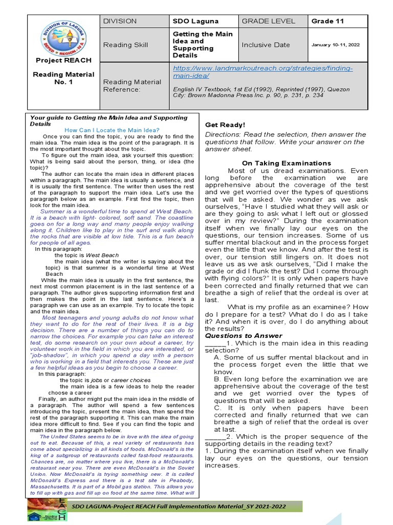 Grade 11-Lower Reading Level-Main Idea and Supporting Details-RM#1 ...