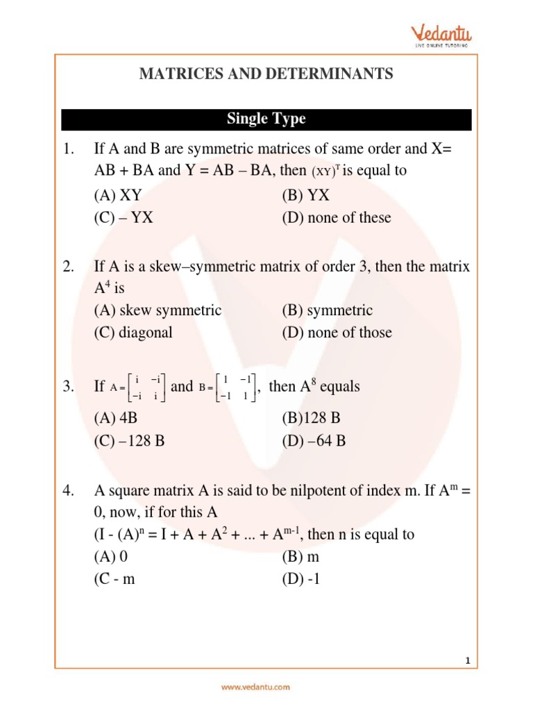 JEE Main Matrices and Determinants Important Questions | PDF | Operator ...