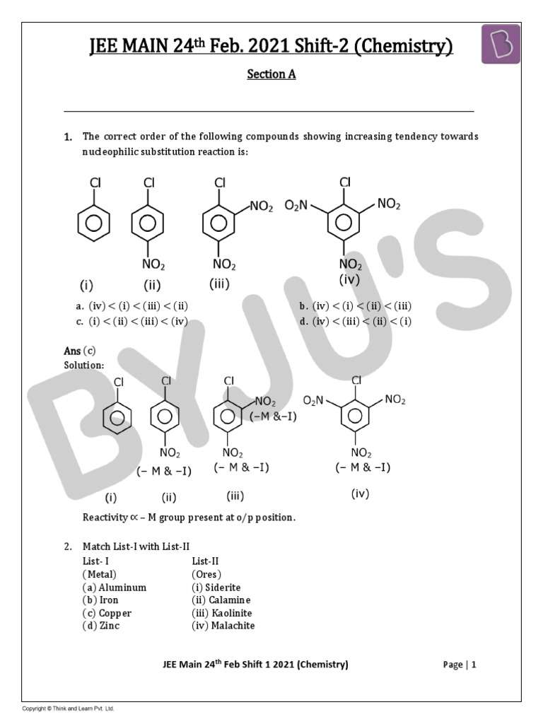 JEE Main 2021 Question Paper Chemistry Feb 24 Shift 2 | Download Free ...