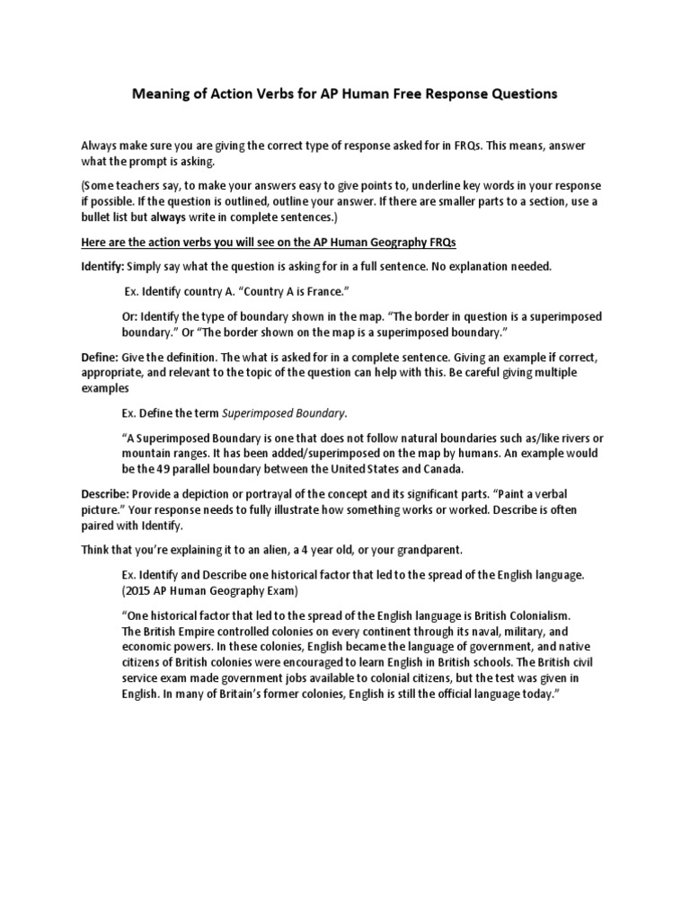 Meaning of Action Verbs For AP Human Free Response Questions | PDF ...