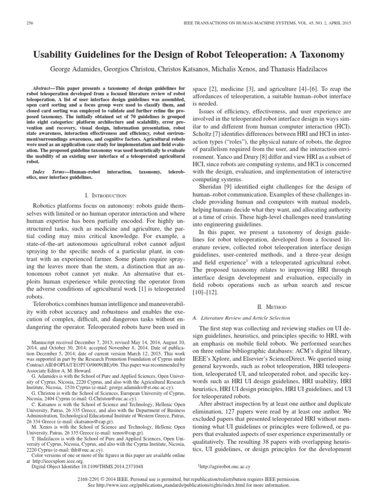 Usability Guidelines For The Design of Robot Teleoperation A Taxonomy 2015 | PDF | User ...
