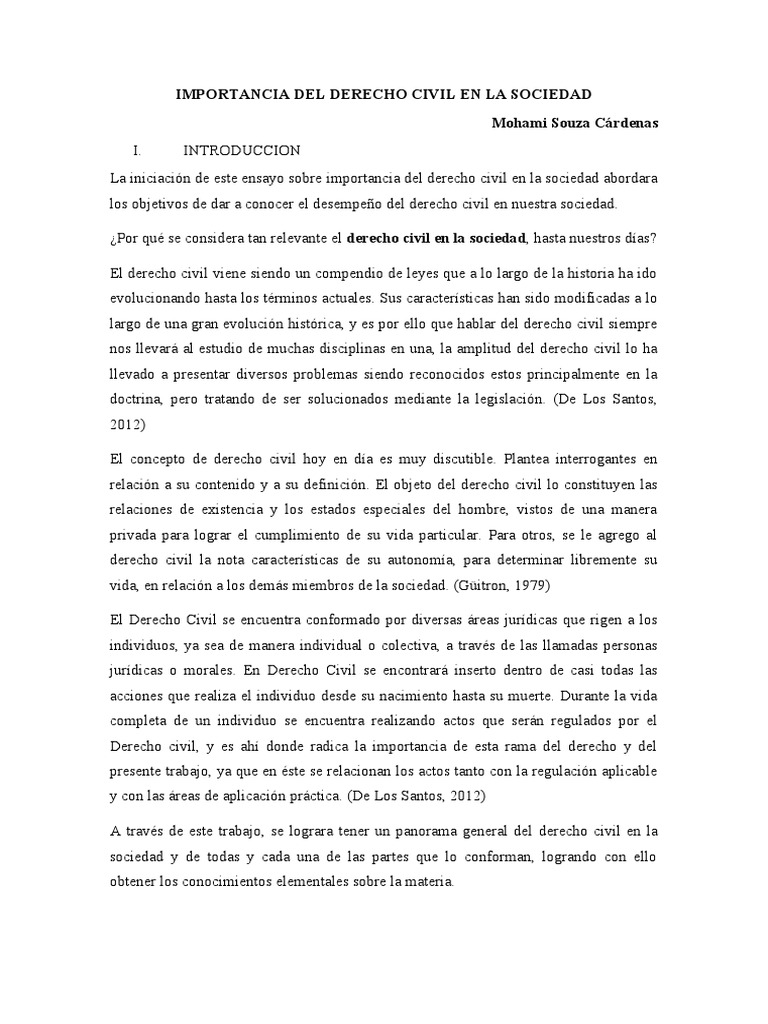 Importancia Del Derecho Civil en La Sociedad ENSAyo NUEVO | PDF | Derecho Civil (Common Law ...