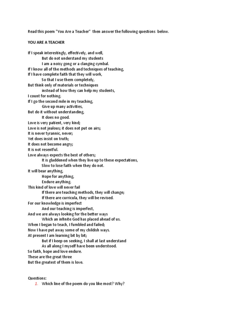 You Are a Teacher: A Reflective Poem | PDF | Learning | Behavior ...