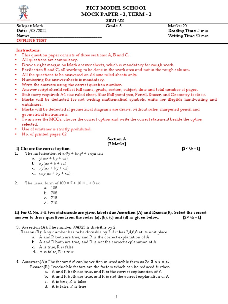 Term-2 - Grade 8 Math Mock Paper-2 | PDF | Mathematics