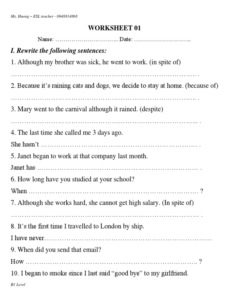 I. Rewrite The Following Sentences:: Worksheet 01 | PDF | Language Arts ...