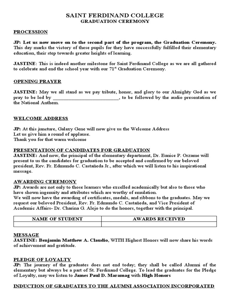 Saint Ferdinand College Graduation Script | PDF