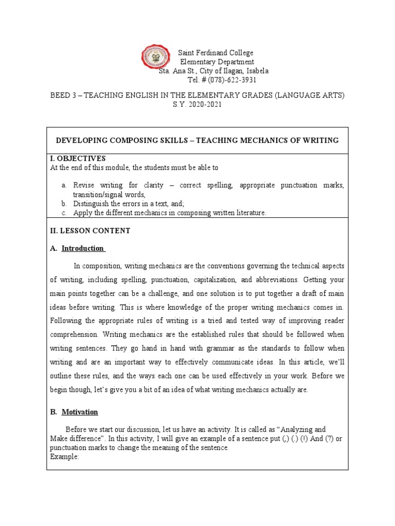 Developing Composing Skills - Teaching Mechanics of Writing I ...