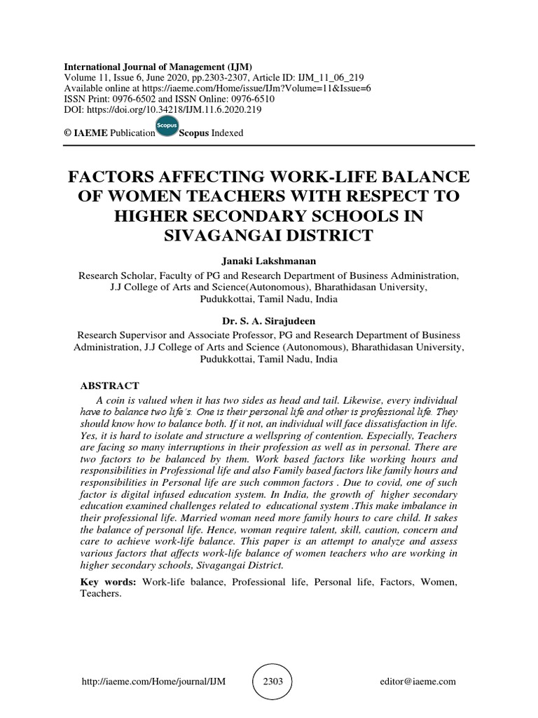 Factors Affecting Work-Life Balance of Women Teachers With Respect To Higher Secondary Schools ...