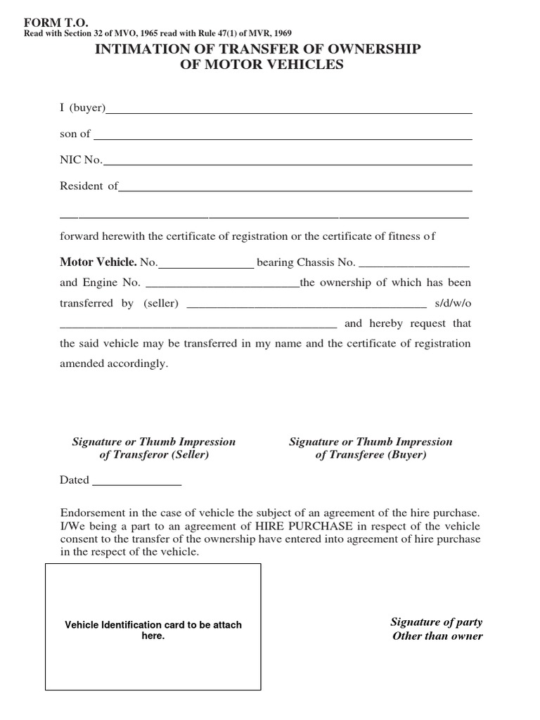 Intimation of Transfer of Ownership of Motor Vehicles: Form T.O ...