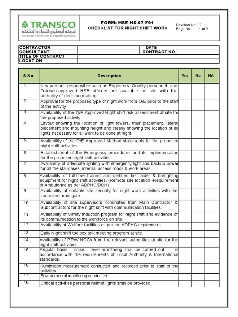 Night Shift Form | PDF | Shift Work | Safety