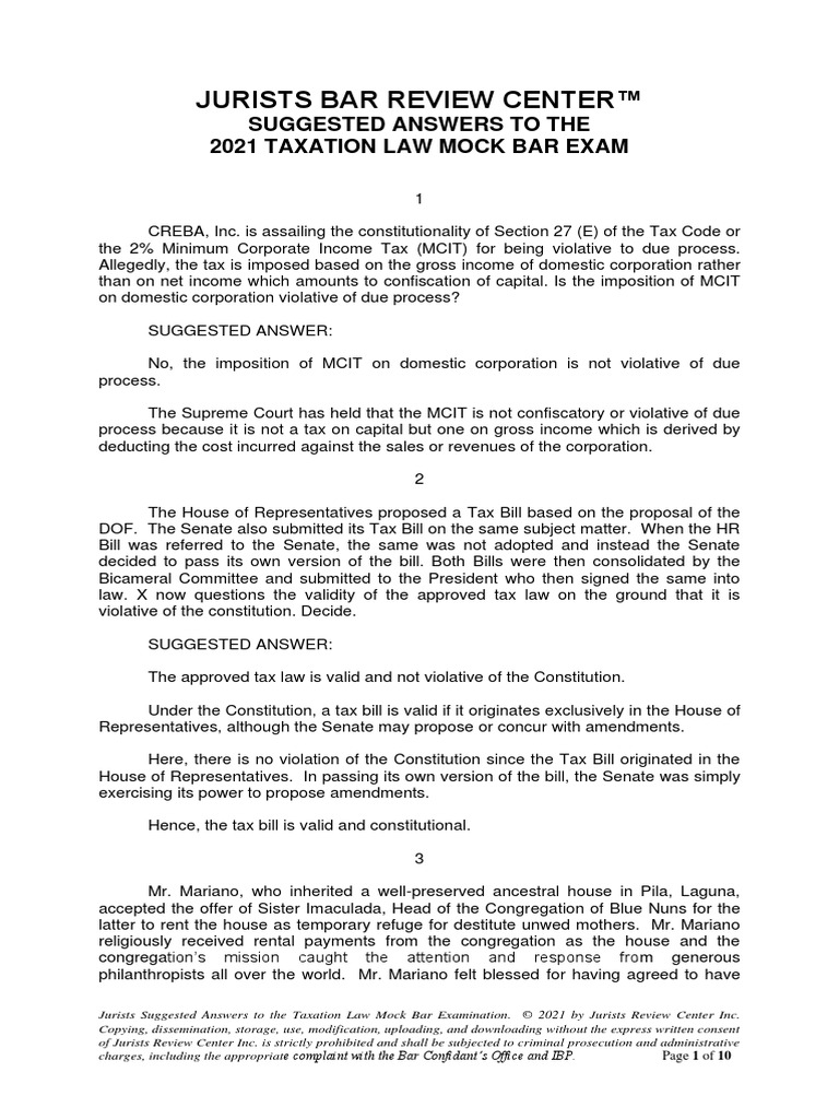 Jurists' Answers: 2021 Taxation Mock Bar Exam | PDF | Taxes | Value ...