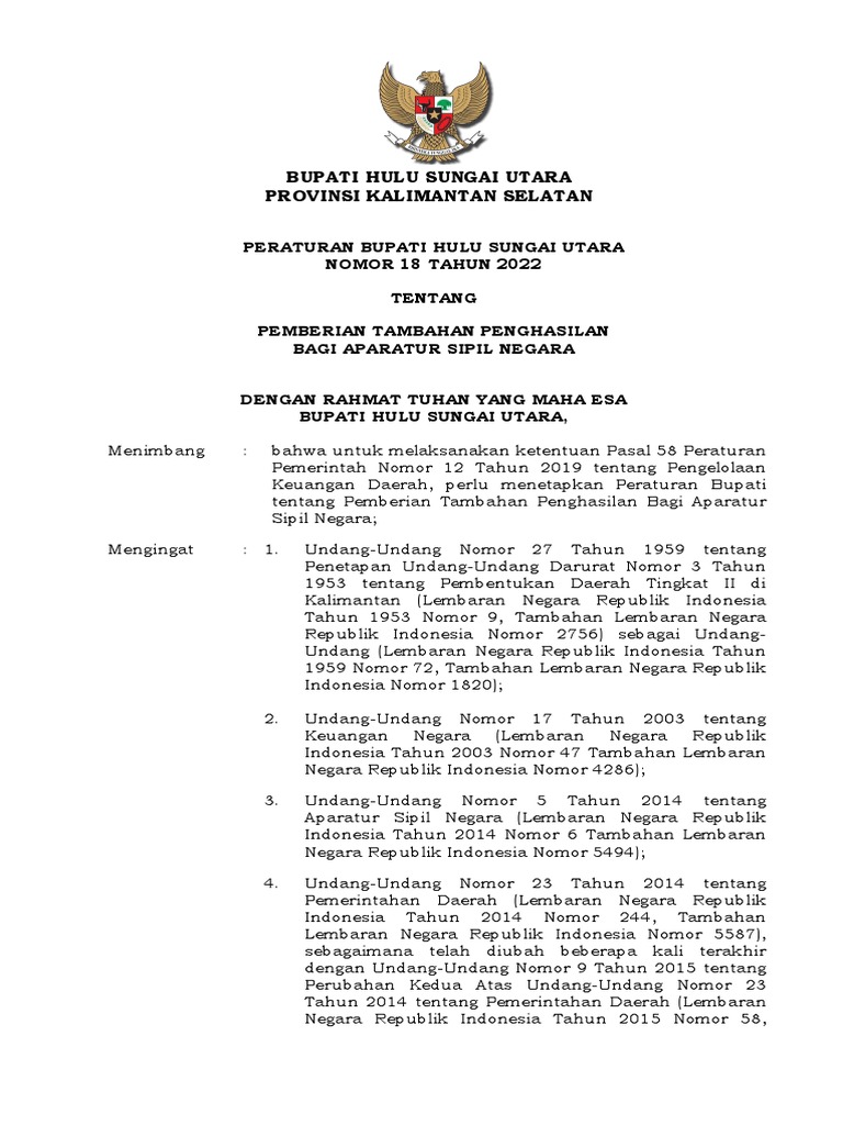 PERBUP TAHUN 2022 NO.18 TTG PEMBERIAN TPP ASN KAB - HSU Sah | PDF