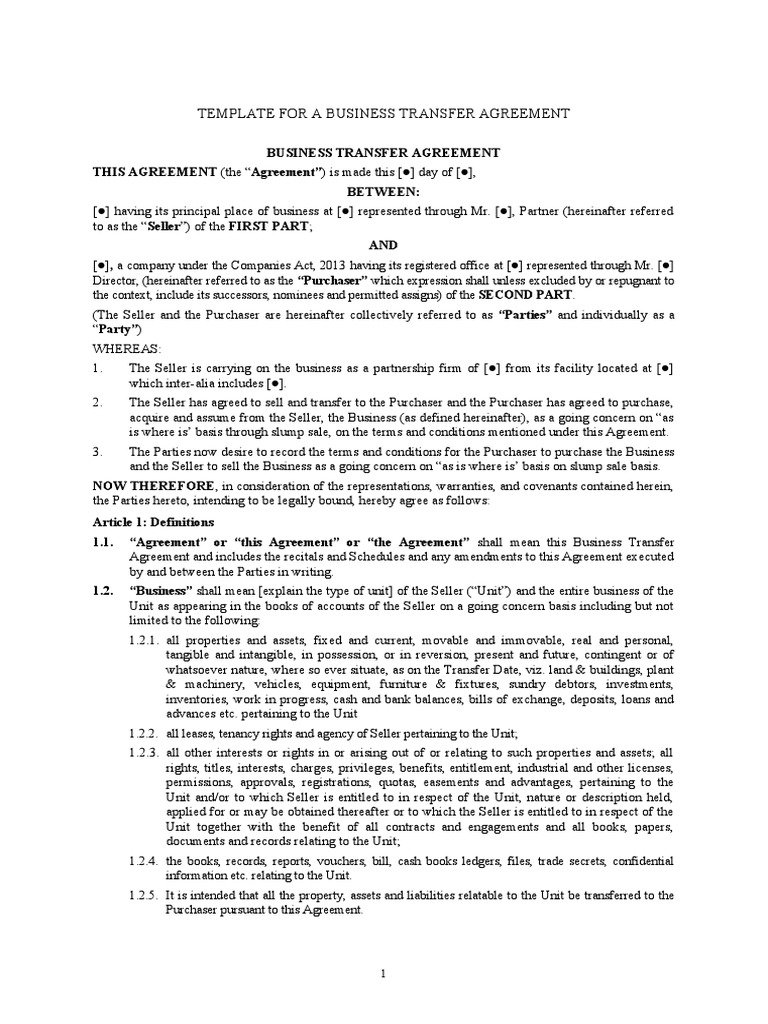 Template For A Business Transfer Agreement | PDF | Employment | Pension