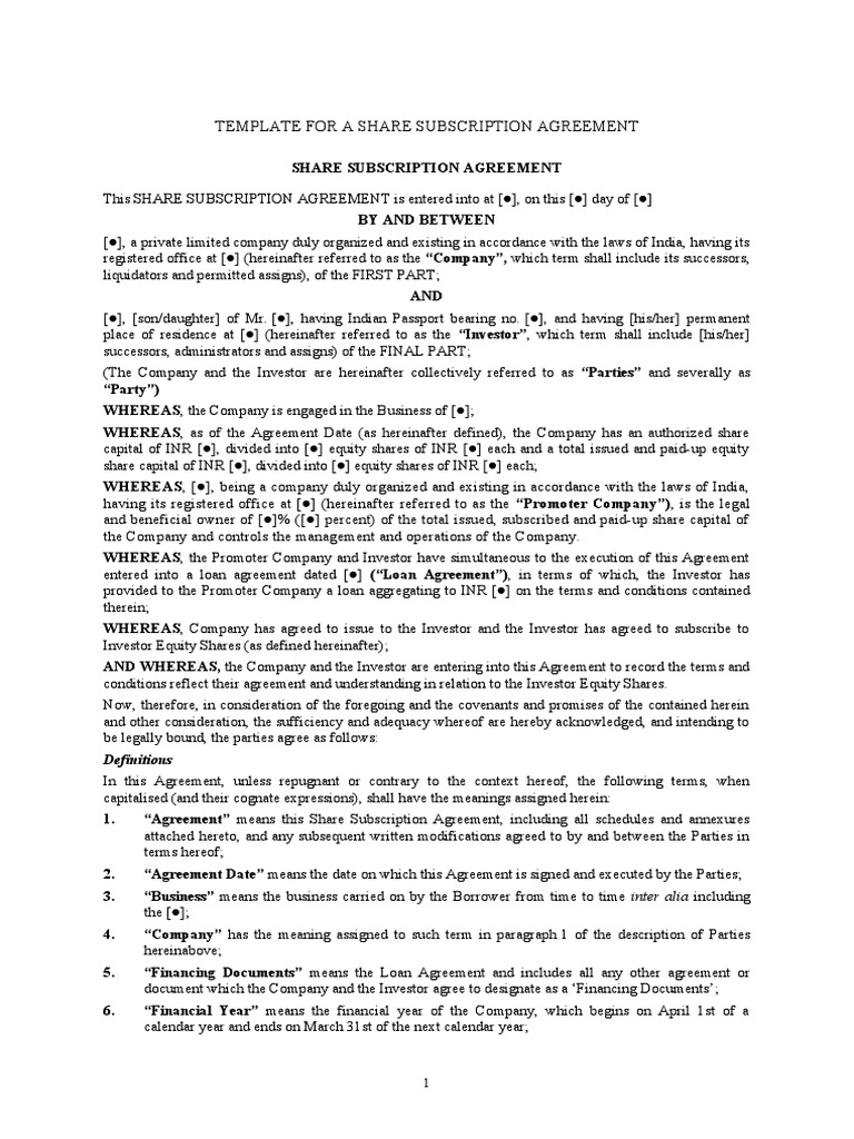 Template For A Share Subscription Agreement: Definitions | PDF | Stocks ...