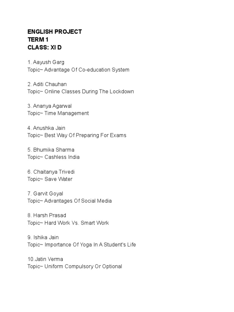 English Project Term 1 Class: Xi D | PDF