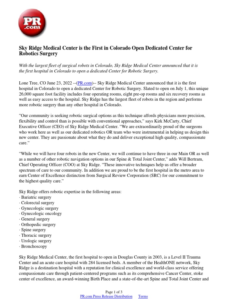 Sky Ridge Medical Center Is The First in Colorado Open Dedicated Center ...