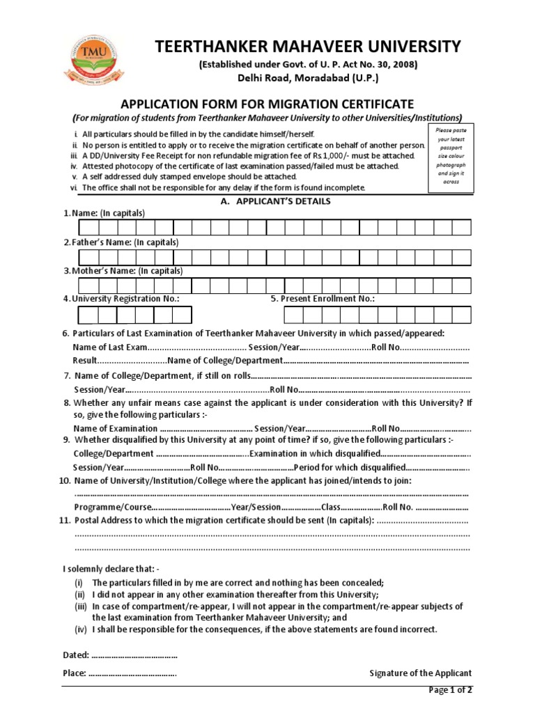 Teerthanker Mahaveer University: Application Form For Migration ...