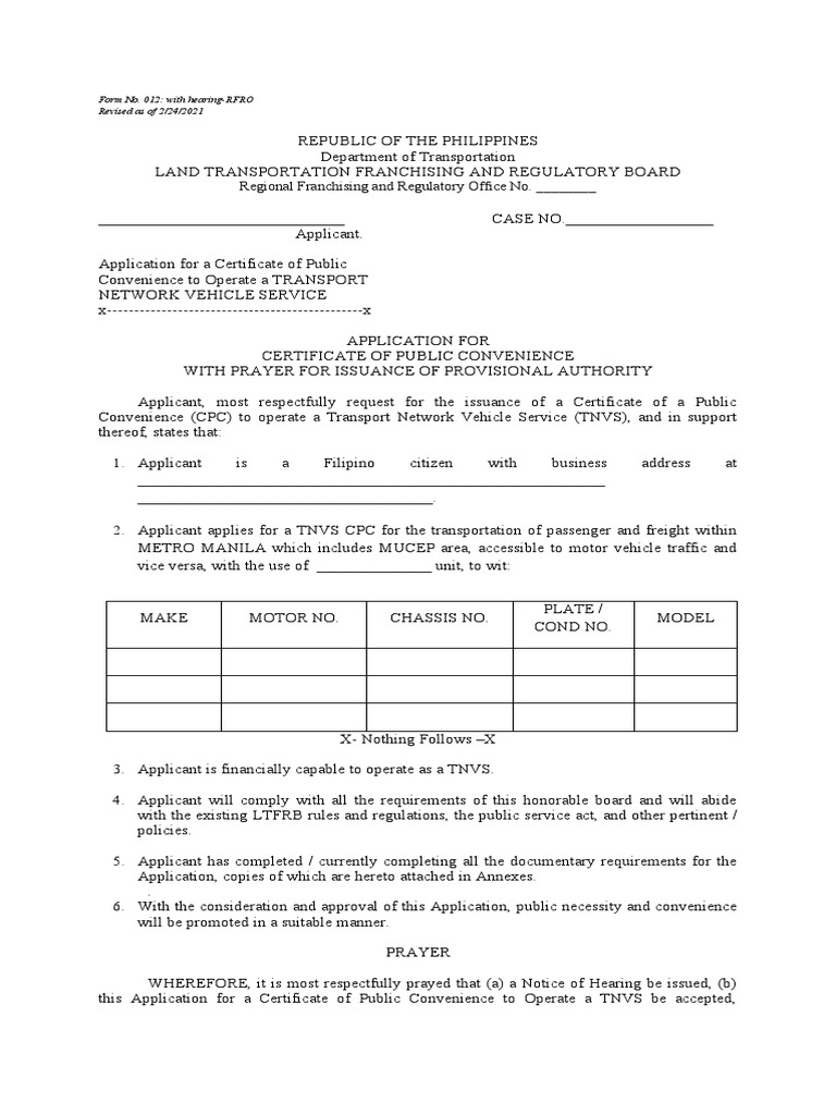LTFRB Form No 012 TNVS CPC Application | PDF | Public Law | Justice
