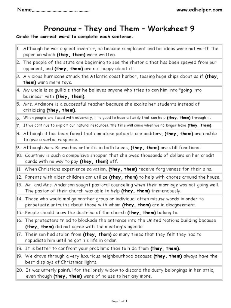 Pronouns – They and Them – Worksheet 9: A Document Providing Context to ...
