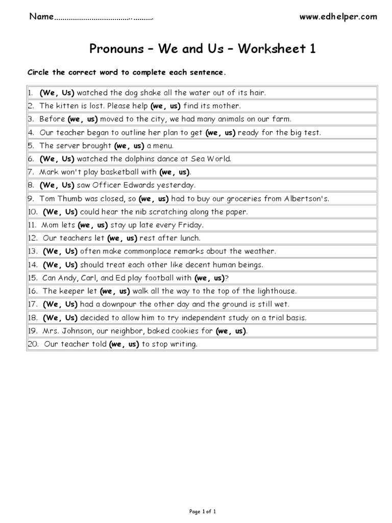 Pronouns - We and Us: A Worksheet for Practicing Subject-Verb Agreement ...
