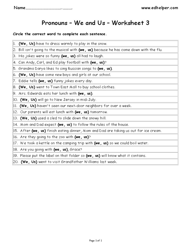 We vs Us Pronouns Worksheet | PDF