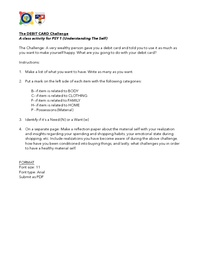 A Class Activity For PSY 1 (Understanding The Self) : The DEBIT CARD ...