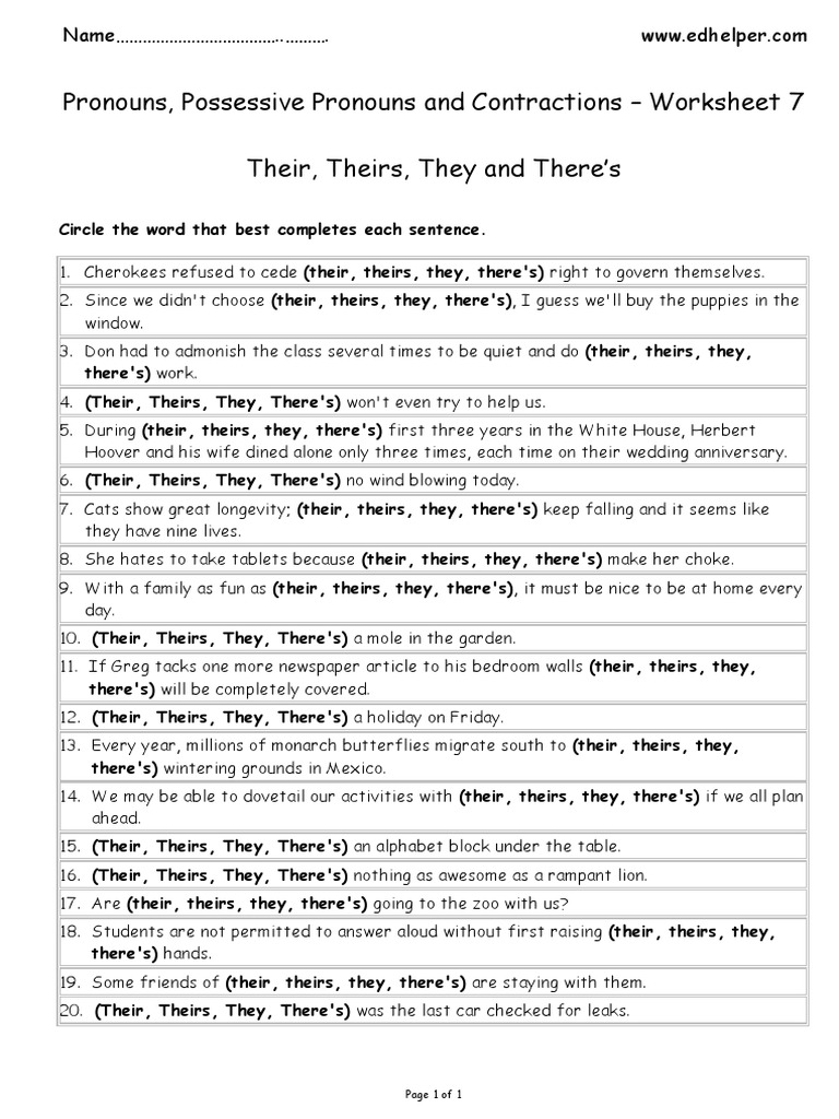 Edhelper Pronouns, Possessive Pronouns and Contractions - Worksheet 7 ...