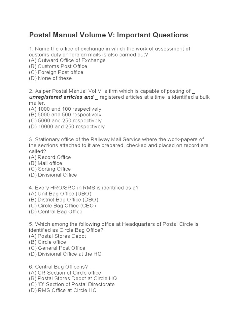 Postal Manual Vol V MCQ | PDF | Mail | United States Postal Service