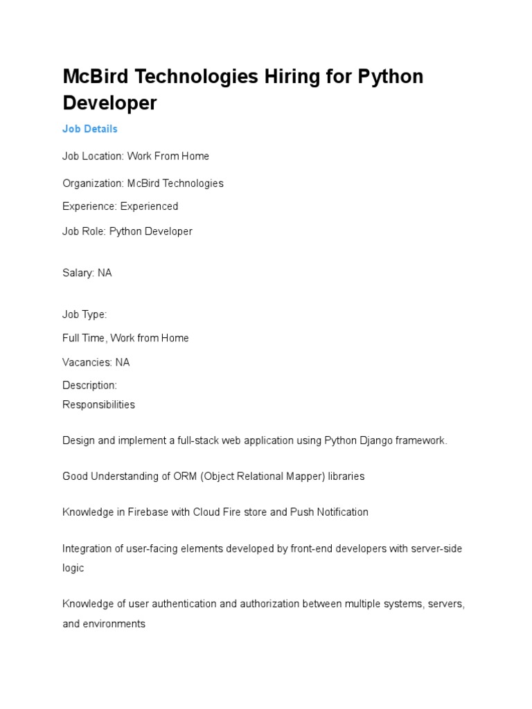 McBird Technologies Hiring For Python Developer | PDF