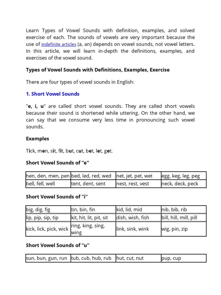 Types of Vowel Sounds With Definitions, Examples, Exercise | PDF ...