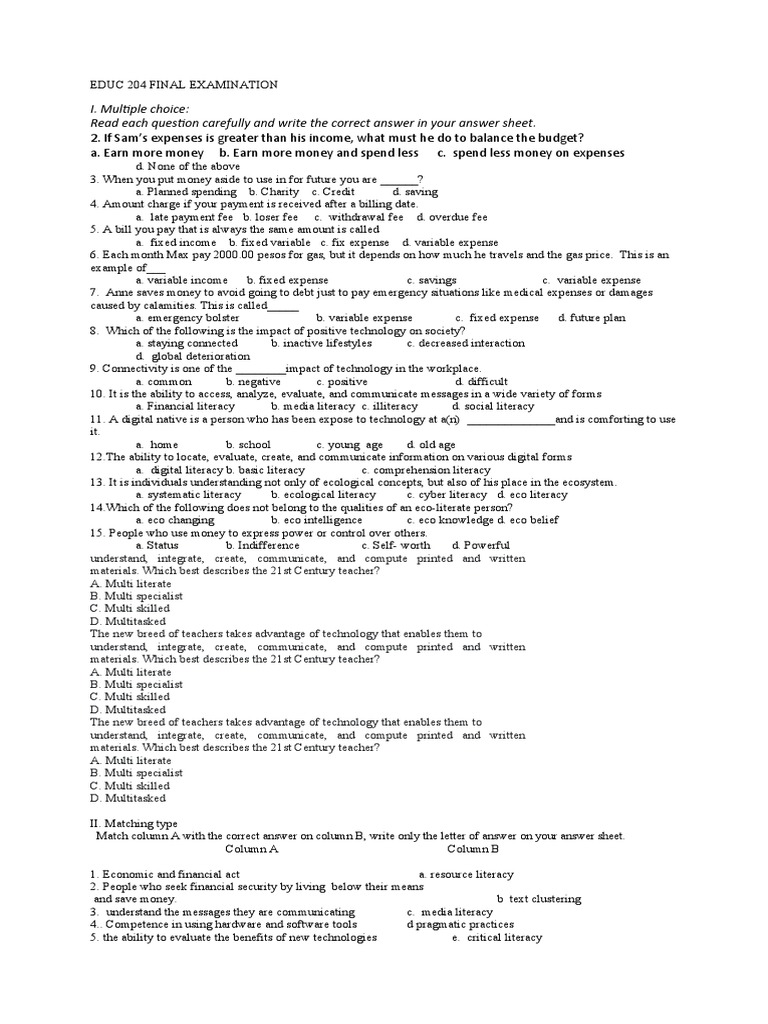 Educ 204 Final Examination - Docx 2022 | PDF | Literacy | Ecology