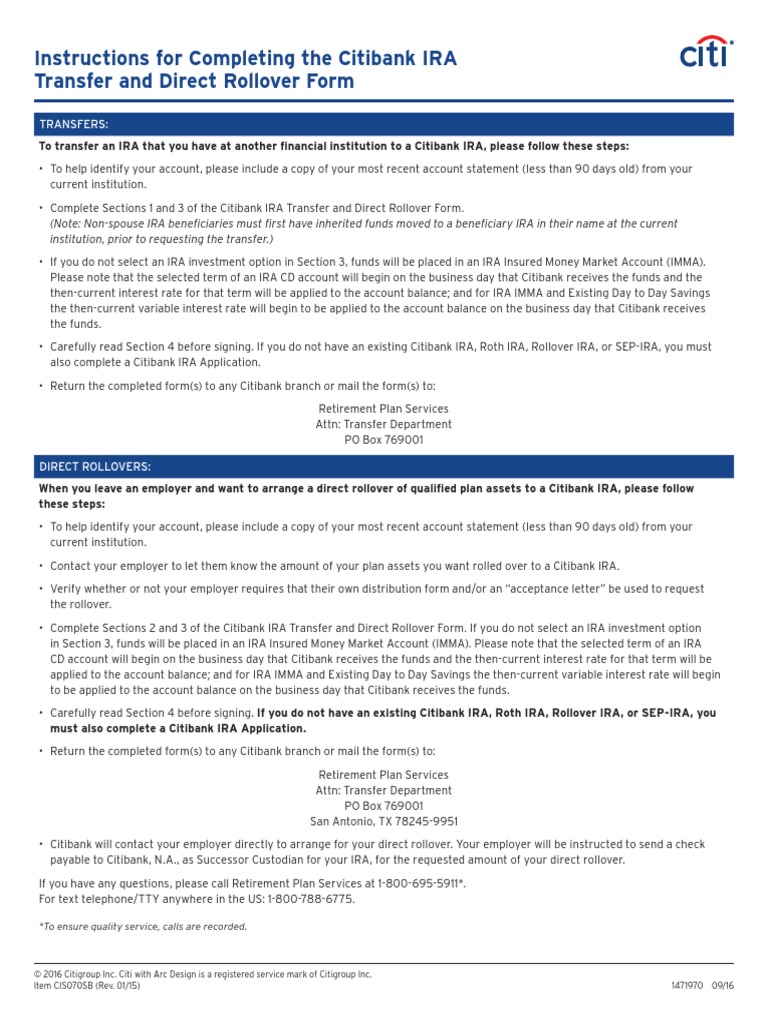 Instructions For Completing The Citibank IRA Transfer and Direct ...