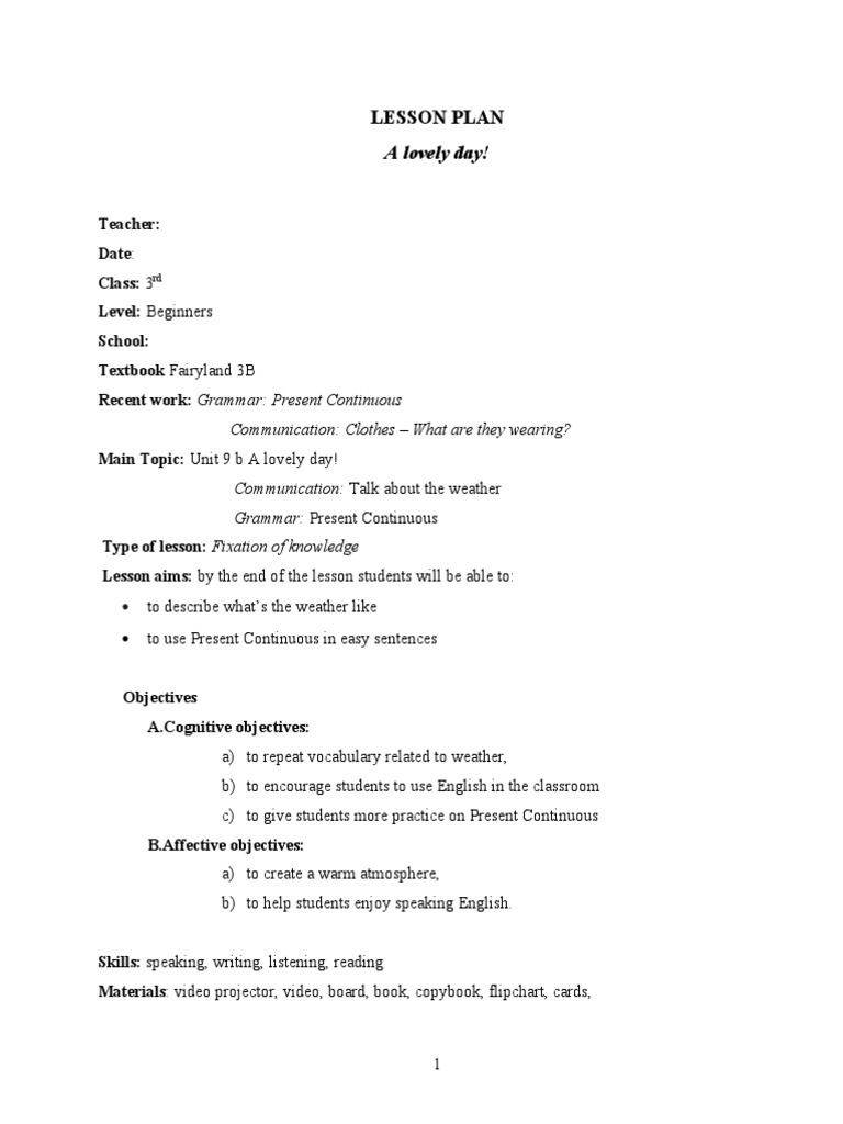 A Lovely Day 3rd Grade Lesson Plan | PDF | Lesson Plan | Teachers