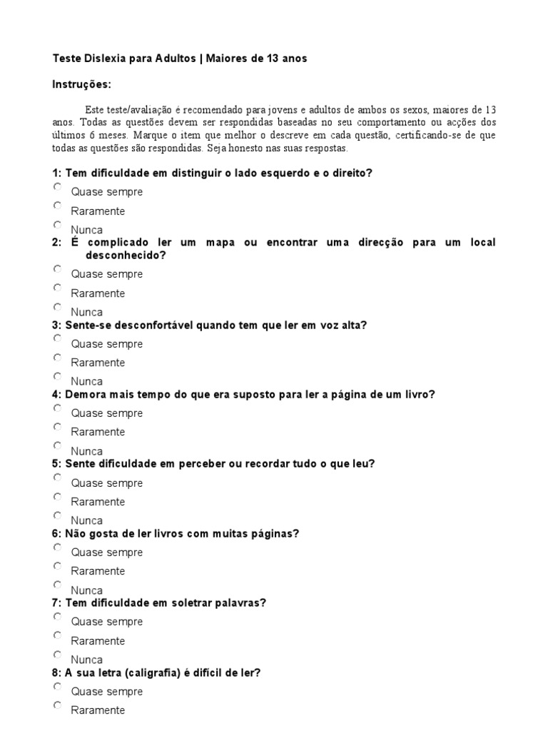 Teste Dislexia Adulto e Infantil | PDF | Dislexia | Psicologia