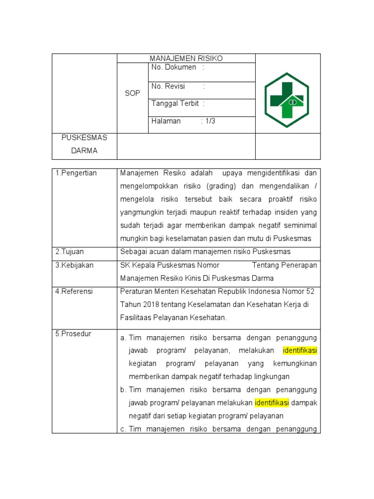 SOP Manajemen Risiko | PDF