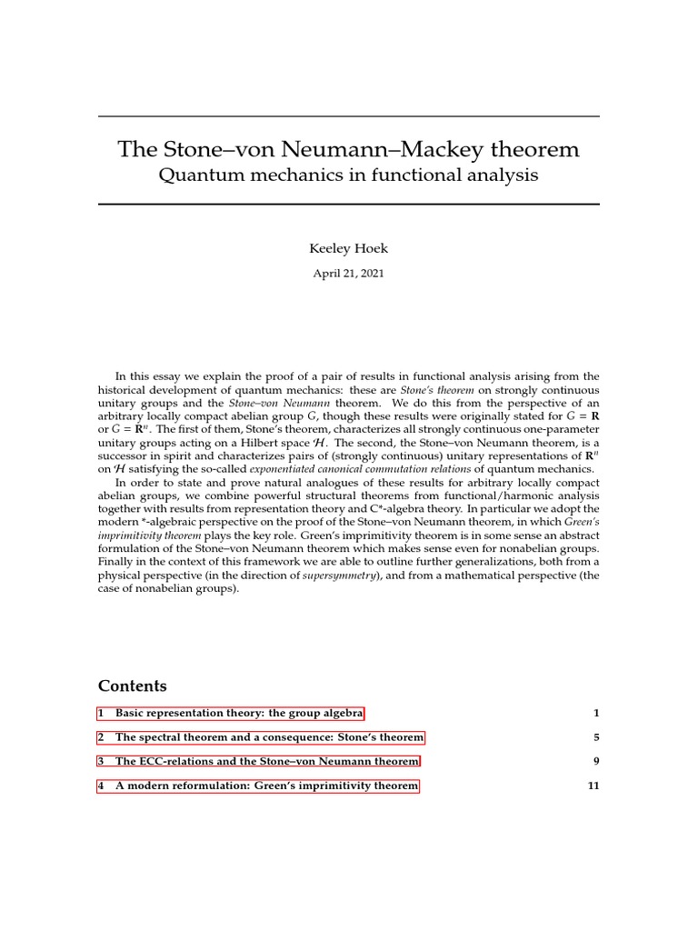 The Stone Von Neumann Mackey Theorem Quantum Mechanics In Functional