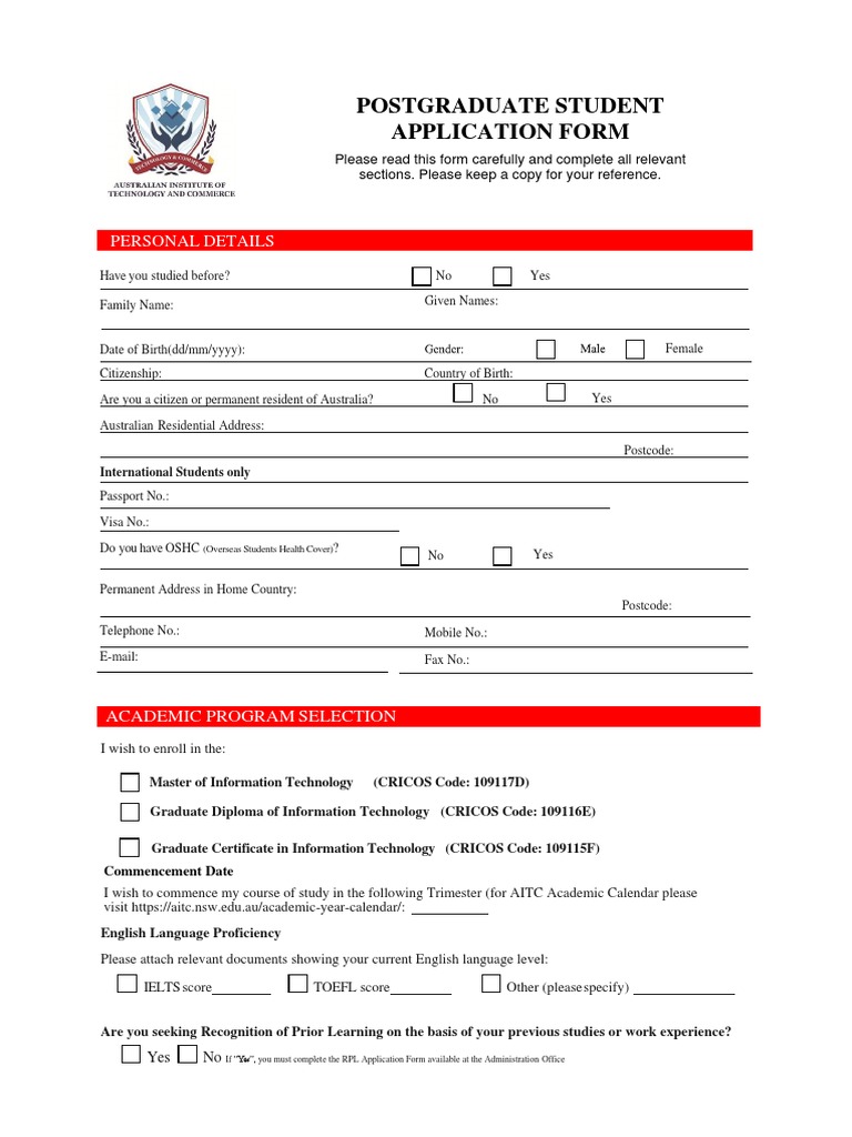 Postgraduate Student Application Form: Personal Details | PDF | Government