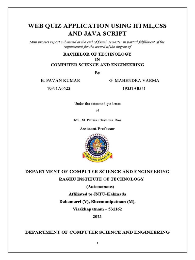 Web Quiz Application Using Html Css And Java Script Bachelor Of Technology In Computer Science