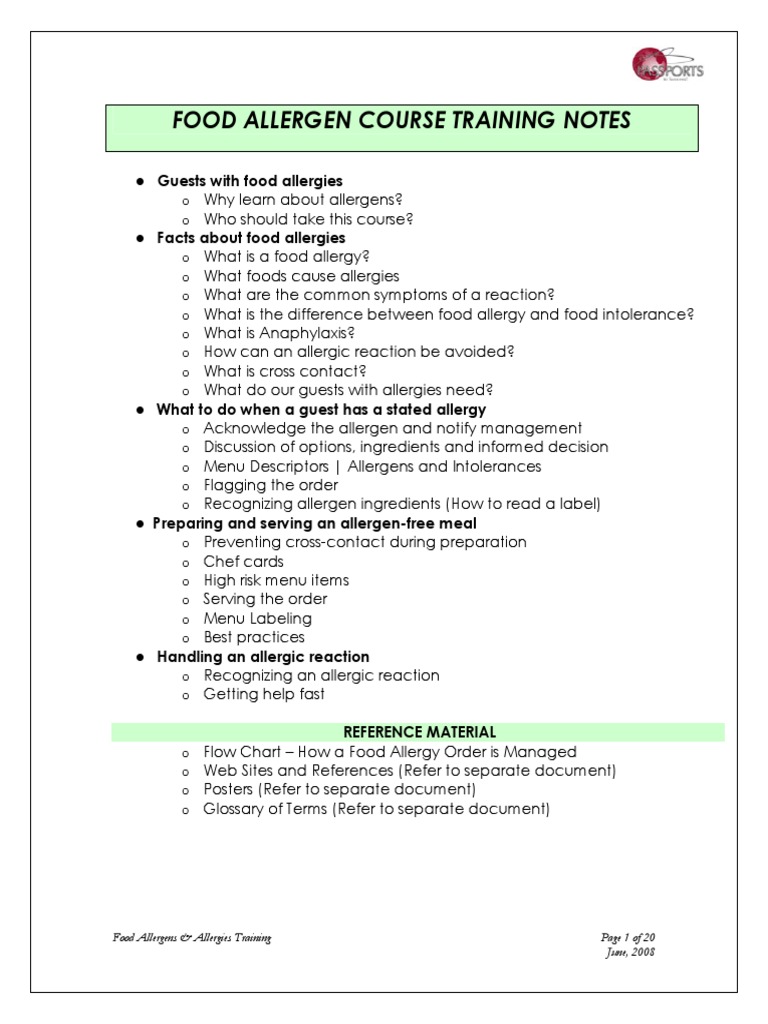 Food Allergen Course Training Notes: Guests With Food Allergies | PDF ...