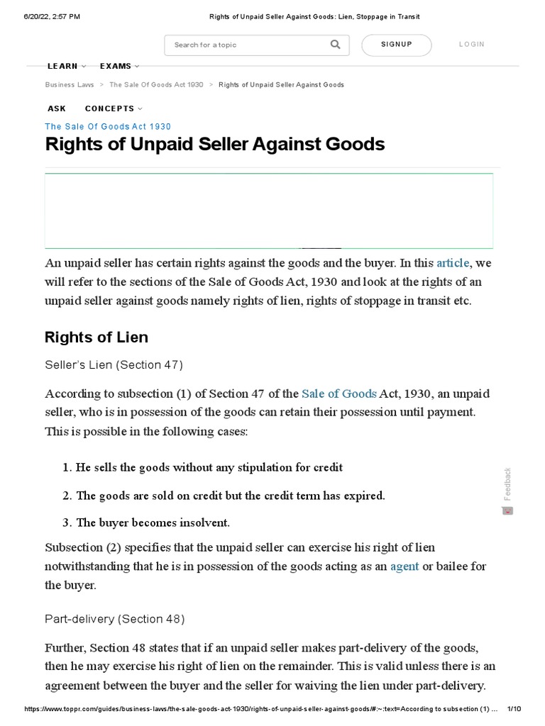 Unpaid Seller Rights: Lien & Stoppage | PDF | Reseller | Sales