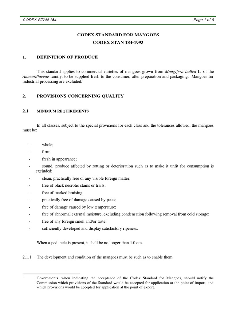 Codex Standard For Mangoes CODEX STAN 184-1993 | PDF