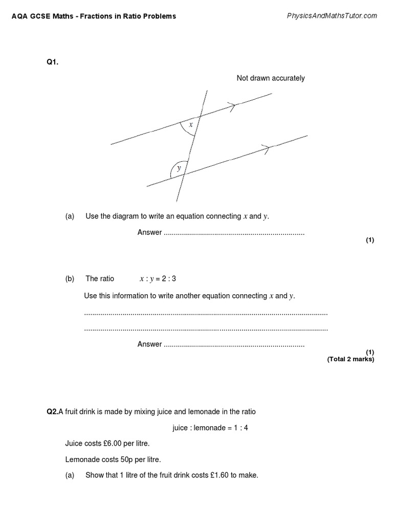 Fractions in Ratio Problems QP | PDF | Ratio | Drink